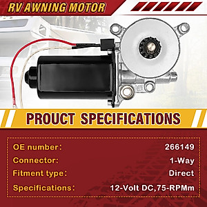 Fexhull RV Awnings Motor Fit for Universal Motor | Fit for Solera Power Awnings with Dual Connectors, 75-RPMm and 12-Volt DC, Replace# 266149