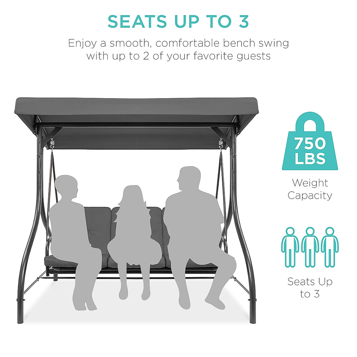 Best Choice Products 3-Seat Outdoor Large Converting Canopy Swing Glider, Patio Hammock Lounge Chair for Porch, Backyard w/Flatbed, Adjustable Shade, Removable Cushions - Gray