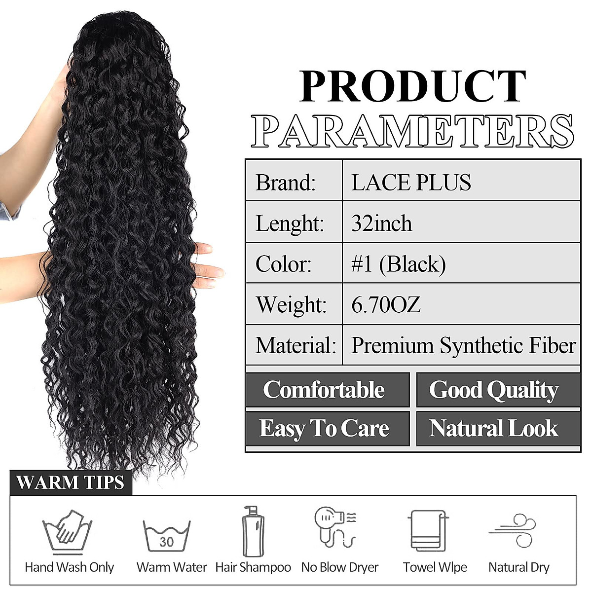 LACE PLUS 32 Inch Long Curly Ponytail Hair Extension Curly Heat Resistant Synthetic Instant Clip Drawstring Ponytail Clip in Ponytail Hair Extensions Curly For Black Women (#1 Black,6.70OZ)