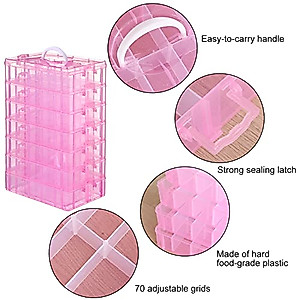 Quefe 7-Tier Pink Stackable Storage Container, 70 Adjustable Compartments Craft Organizers and Storage Box with Handle for Kids Toys, Art Crafts, Jewelry, Supplies, Fuse Beads, Washi Tapes