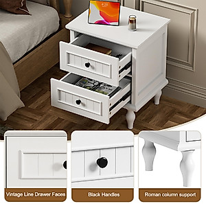 Scurrty Nightstand, Antique Style End Table with 2 Drawers, Taller Nightstand for Bedroom, Side Table for Bedroom (White, Single)