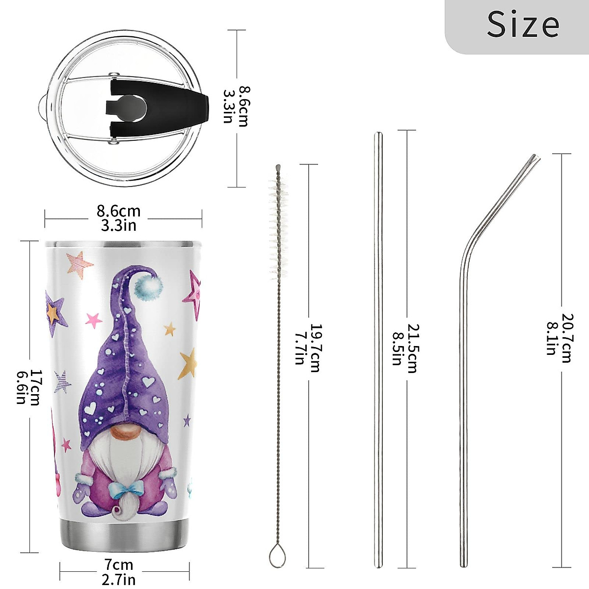 Kigai 20oz Tumbler Stainless Steel Double Wall Vacuum Insulated Tumbler Cup Travel Mug Coffee Cup with Lid, Straw and Cleaning Brush-Cute Gnomes