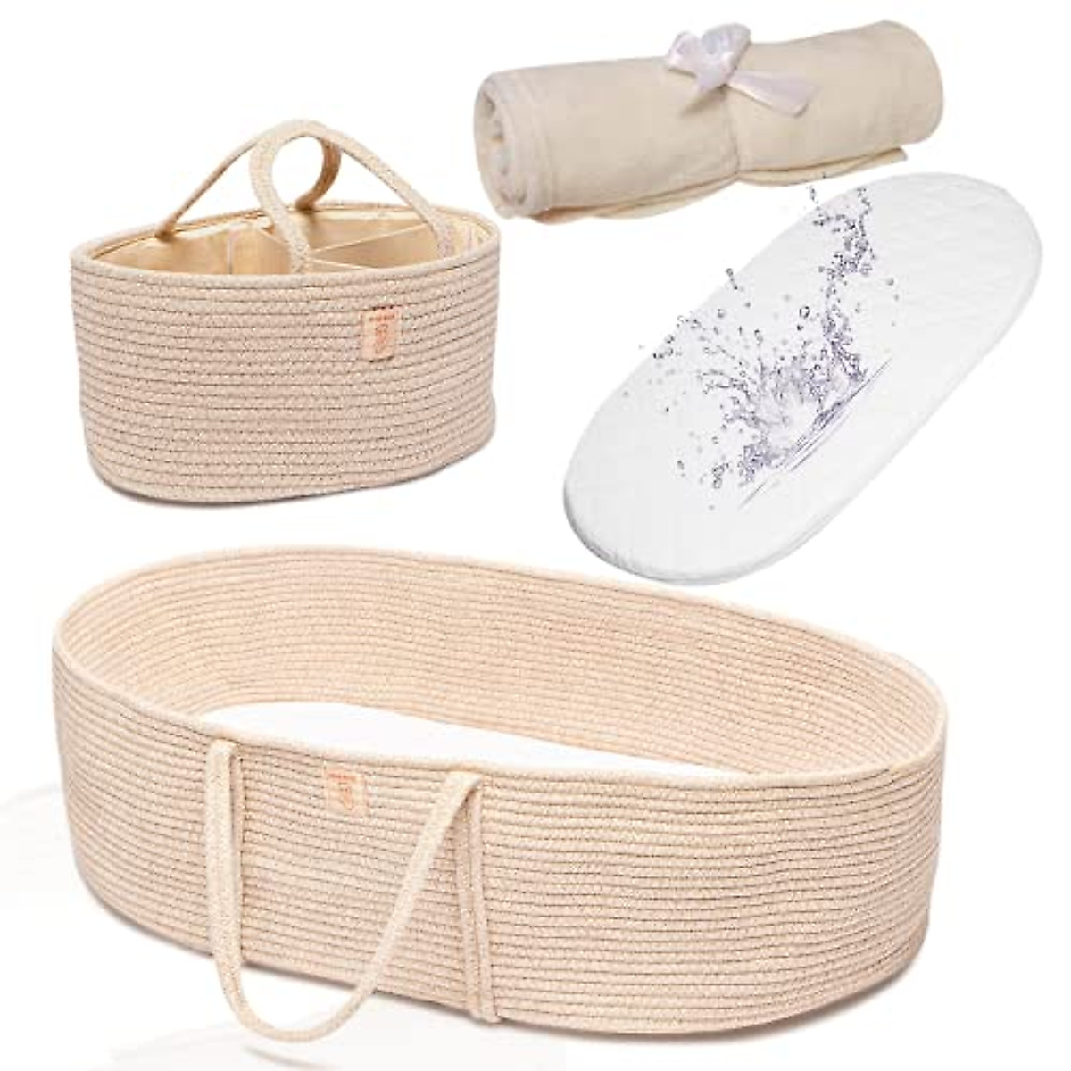 Trendy Baby Changing Basket- Moses Basket Set Of 4 Pieces, Waterproof Pad Cover, Caddy Diaper Organizer,Cotton Blanket - Boho Basket - Nursery Decor - Bassinet Changing Table Topper, Baby lounger