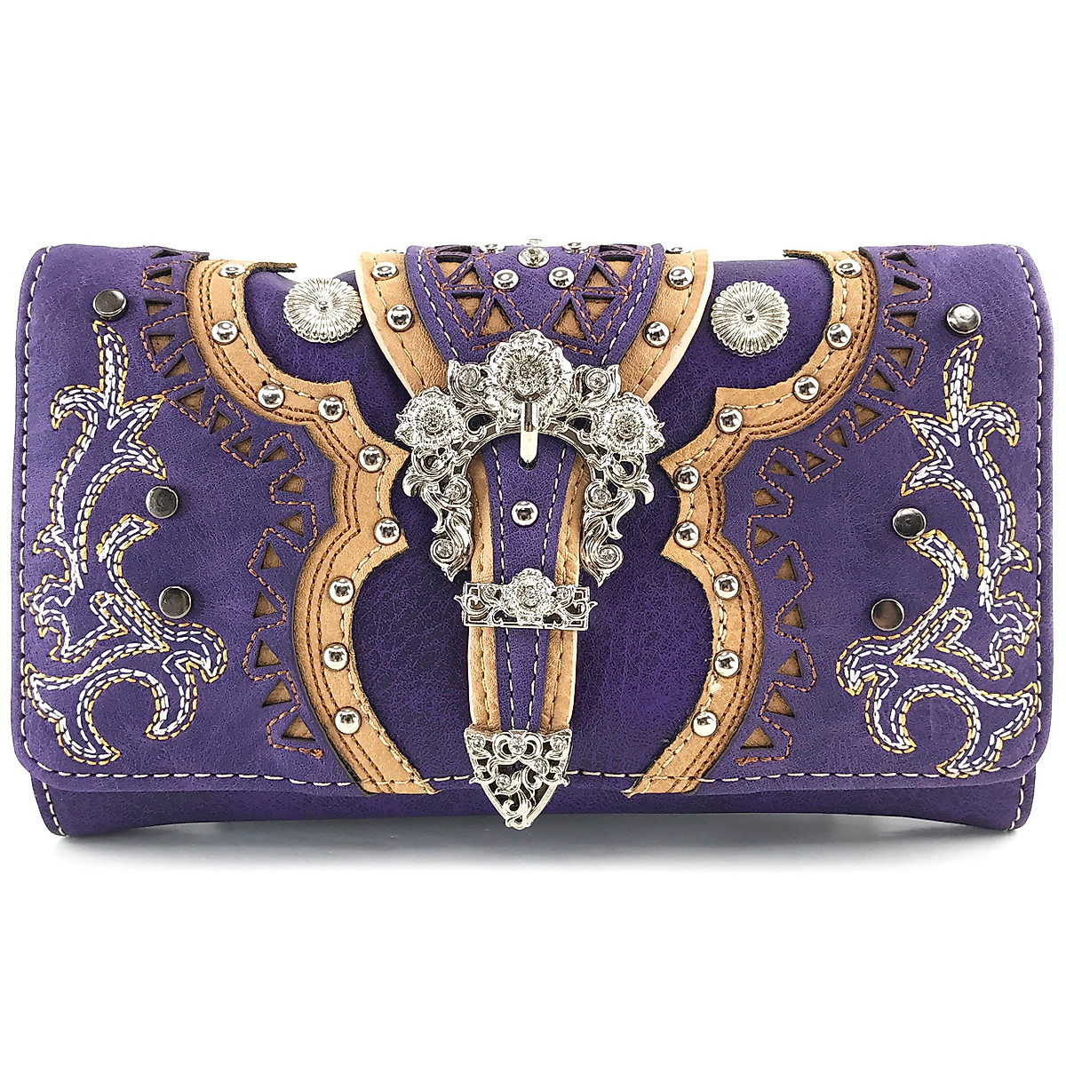 Justin West Concealed Carry Western Silver Flower Buckle Laser Cut Embroidered Triple Layer Studded Crossbody Trifold Wallet (Purple Trifold Wallet ONLY)