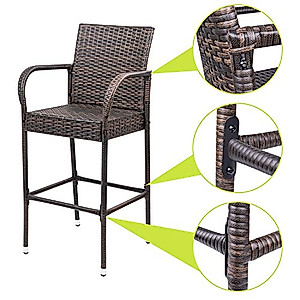 Homall Patio Bar Stools Wicker Barstools Indoor Outdoor Bar Stool Patio Furniture with Footrest and Armrest for Garden Pool Lawn Backyard Set of 2 (Brown)
