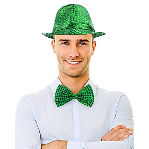 St Patrick's Day Fedora Hat Green Sequin Irish Hat for Men Women Paddy's Day Fancy Cap Western Fashion Sequin Bow Tie and 3 Green Beads