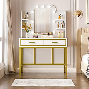 Vanity Table, Makeup Vanity Desk with LED Lights and Mirror, Rustic Elegant Dressing Table with 2 Drawers & Open Storage Shelves for Women Girls, Vintage Makeup Desk for Bedroom, White