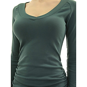 AmélieBoutik Women V Neck Raglan Long Sleeve Ruched Sides Top (Grayish Green Medium)