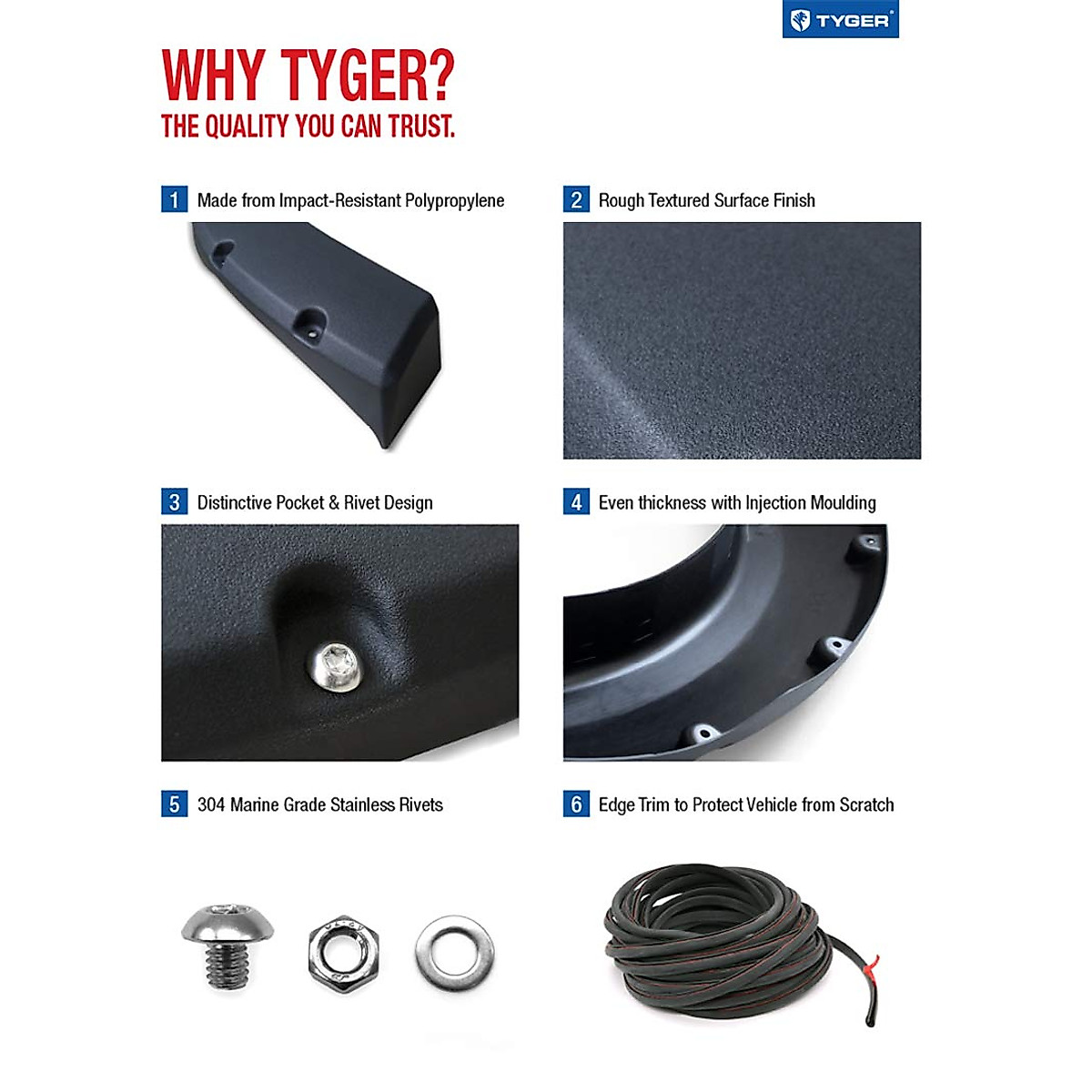 Tyger Auto Fender Flares Compatible with 1999-2006 Chevy Silverdo GMC Sierra 1500 2500 3500HD (Incl. 2007 Classic) Fleetside, Rough Textured Bolt-Riveted Style 4pc | TG-FF8C4057