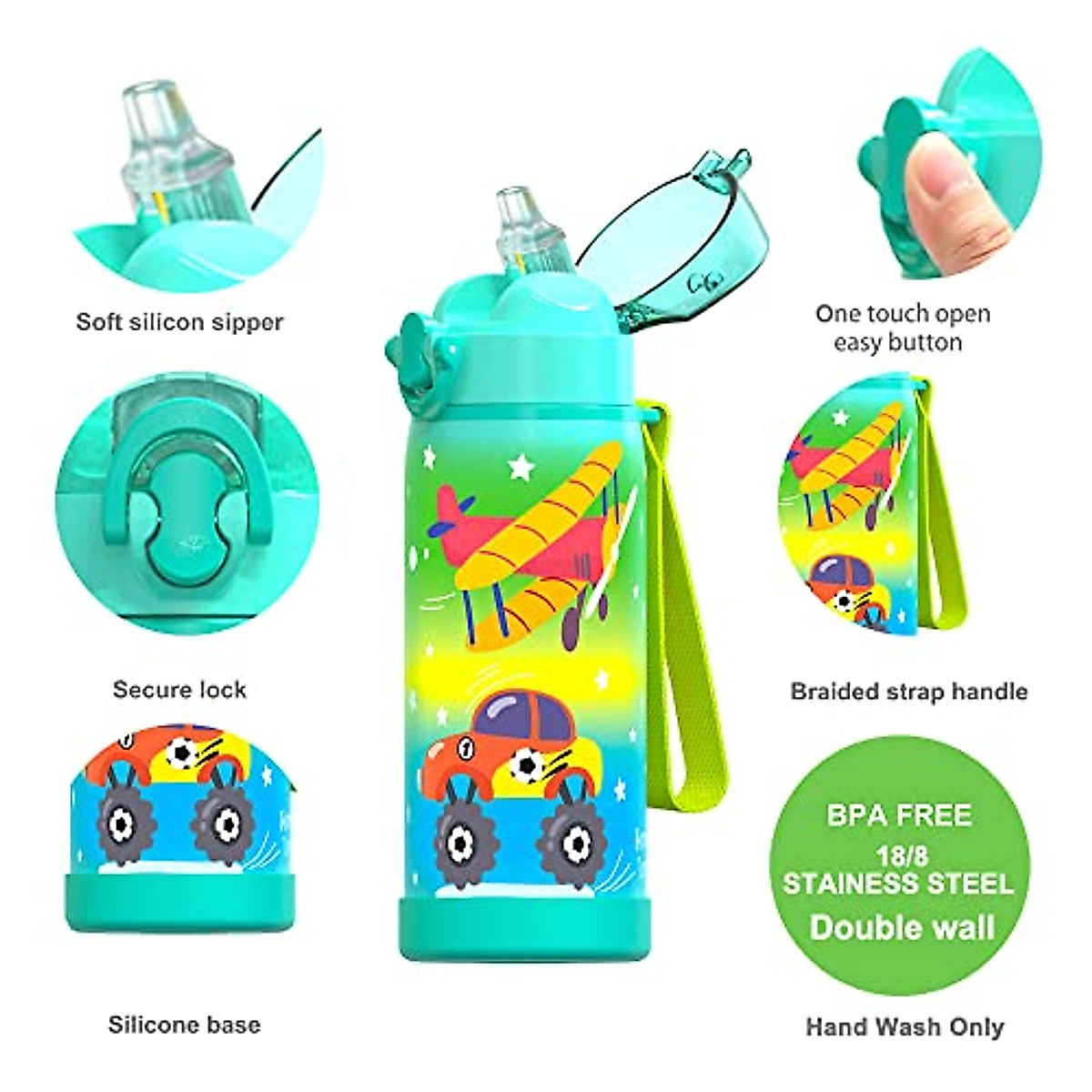 Insulated Water Bottle with Straw for Kids Boys Girls, Durable Stainless Steel & Leak Proof One Click Open Soft Straw & Protective Silicone Boot, 16oz - Airplane & Truck
