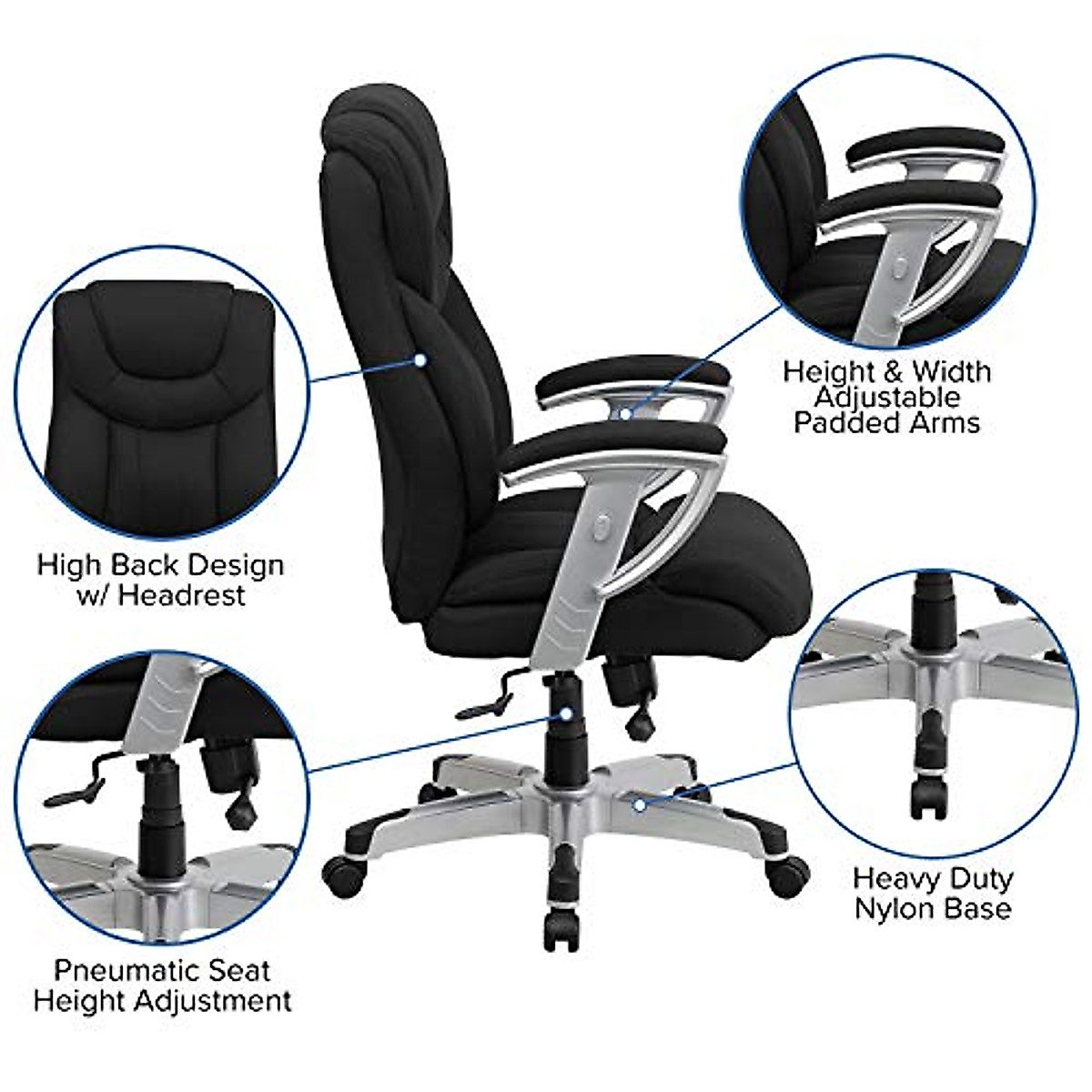 Flash Furniture HERCULES Series Big & Tall 400 lb. Rated Black Fabric Executive Ergonomic Office Chair with Silver Adjustable Arms