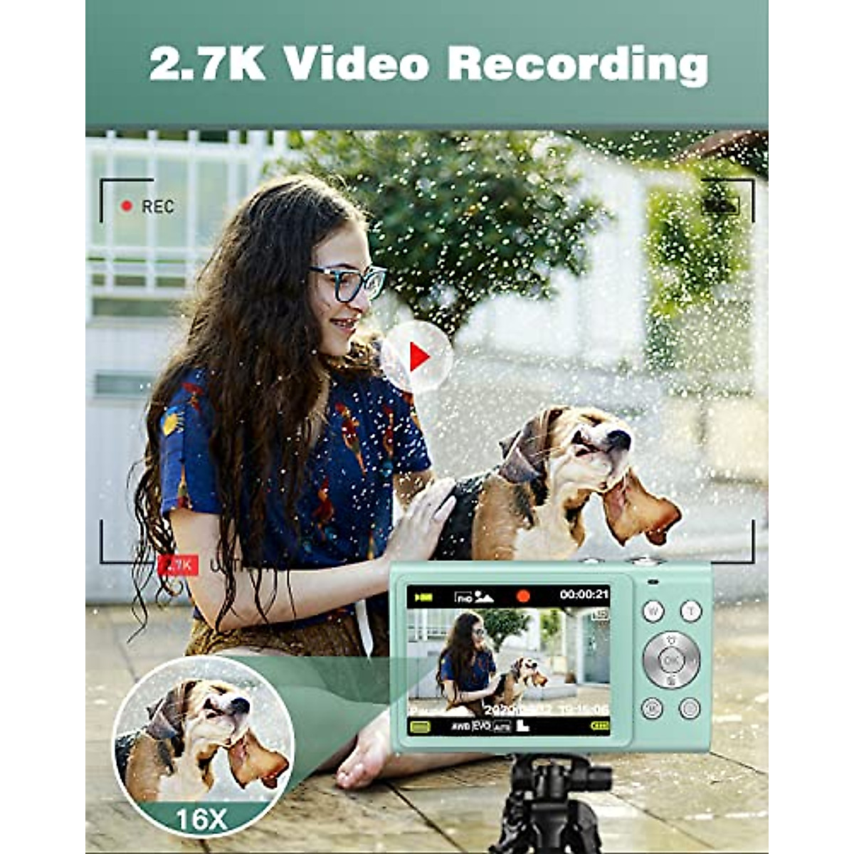 Digital Camera Auto Focus 2.7K 48MP Digital Point and Shoot Camera with 32GB Memory Card,16X Zoom, Time Lapse Vlogging Camera Digital Cameras for 8-15 Years Kids Teenagers Students Boys Girls, Green