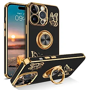 BENTOBEN for iPhone 14 Pro Max Case with Ring Holder, Butterfly Design Women Girl Phone Case Slim Fit Luxury Shockproof Non-Slip Support Car Mount Protective Case for iPhone 14 Pro Max 6.7",Black