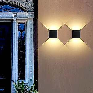 Mille Lucciole 4 Pack Outdoor Wall Lights Exterior/Interior LED Wall Sconces IP65 Waterproof Square Aluminum Wall Lamps Outdoor Lighting Fixture Up and Down Lights Modern Black 12W 3000K Warm Lights