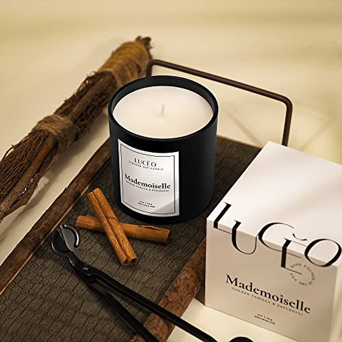 LUCEO Mademoiselle Golden Vanilla and Patchouli Luxury Scented Soy Candle, 9 OZ. – Long Burning Candle Gift Set for Women – Large Scented Candle for Relaxation – Vegan Friendly