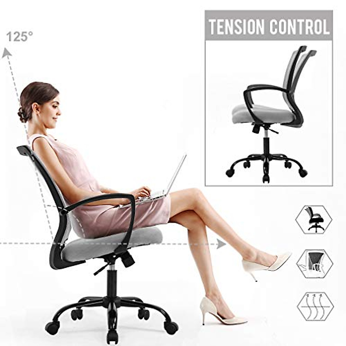 Office Chair Ergonomic Desk Chair Mesh Computer Chair with Lumbar Support Armrest Mid Back Rolling Swivel Task Adjustable Chair for Women Adults, Grey