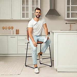 DUMOS 26 Inch Counter Height Bar Stools Set of 2, Modern Faux Leather High Barstools with Back and Metal Leg, Bar Chairs for Kitchen lsland, Brown