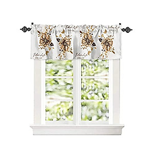 Kitchen Cafe Valance Curtain for Small Windows,Abstract Gold Flower with Leaves Rod Pocket Short Blackout Curtains,Floral and Life Quote on White Window Treatment for Living Room Bedroom Bathroom