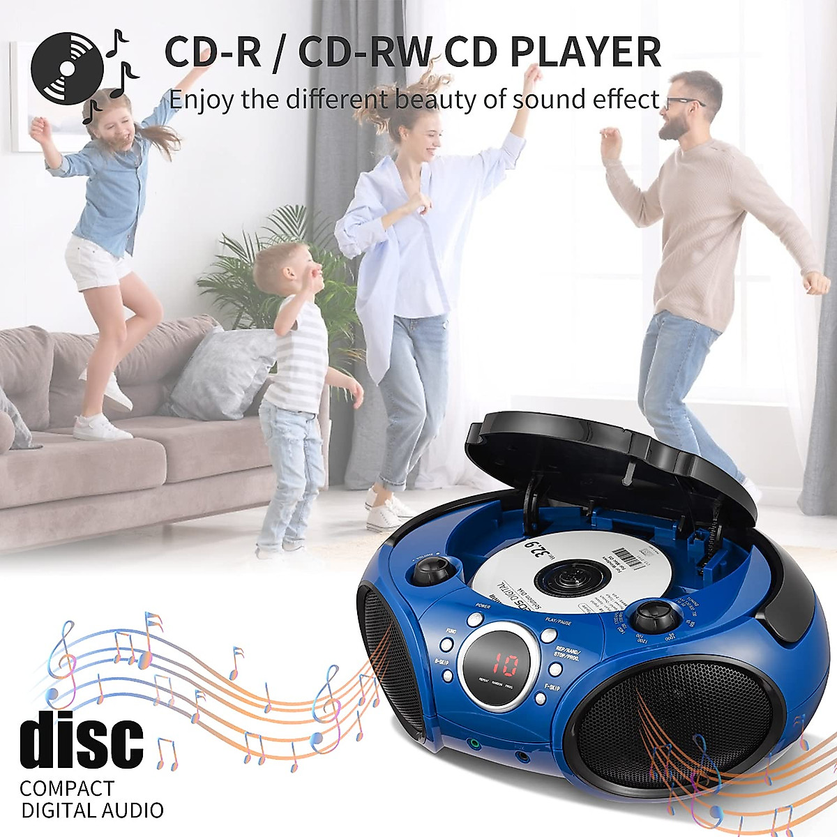 SINGING WOOD 030B Portable CD Player Boombox with Bluetooth for Home AM FM Stereo Radio, Aux Line in, Headphone Jack, Supported AC or Battery Powered (Starlight Blue)