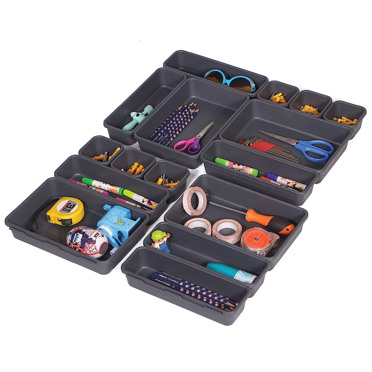 Set of 16 Interlocking Desk Drawer Organizer Tray Dividers Plastic Shallow Narrow Drawers Organizers Separators and Storage Bins Container for Kitchen Bathroom Makeup Office Vanity Bedroom Dresser