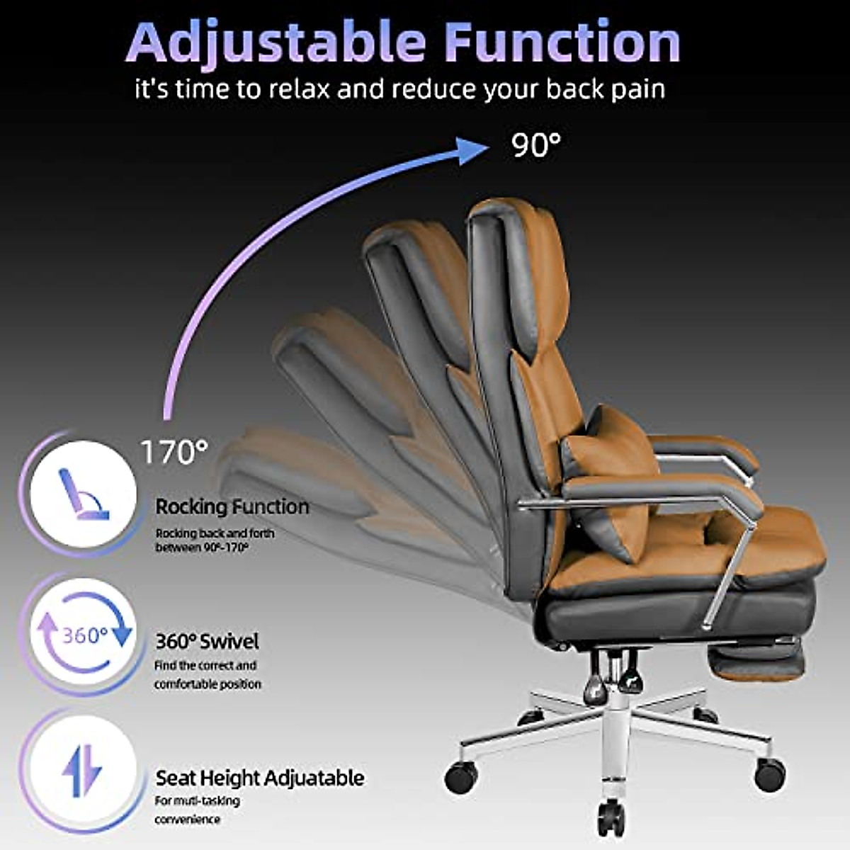 SeekFancy Reclining Office Chair with Footrest O203, Big and Tall Office Chair 500lbs Wide Seat with 170° Backrest, High Back Large Executive Office Chair Lumbar Support，Brown Leather Managerial Chair