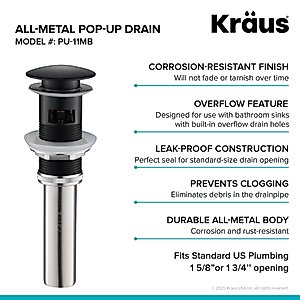 KRAUS Pop-Up Drain with Overflow in Matte Black, PU-11MB