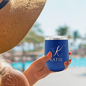 My Personal Memories Custom Engraved Insulated Stemless Wine Tumbler Cup - Personalized Bridesmaid Beach Pool Girls Fun - Monogrammed (Deep Blue)