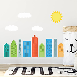 Wallency City Wall Decal - Fabric Wall Decal - Colorful Skyscraper Buildings, Clouds and Sun Wall Stickers for Kids Room, Nordic Nursery - Peel and Stick, Removable Wall Stickers (Small)