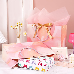 MAMUNU Pink Gift Bags, 2PCS 13” Large Gift Bags with Tissue Paper and Greeting Cards, Gift Bags with Handles Bow for Women Girls, Pink Gift Bags for Birthday Wedding Bridal Baby Shower Anniversaries