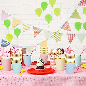 Uiifan 40 Pcs 9 oz Pastel Paper Cups with Metallic Gold Border Party Disposable Paper Colored Coffee Cup for Party Beverage Wedding Party Supplies, 4 Colors