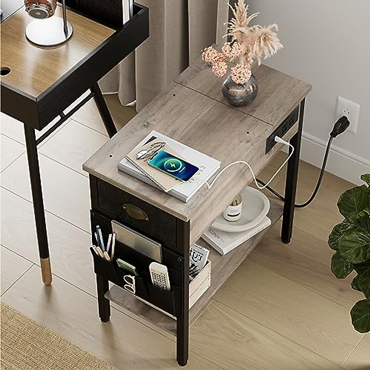 23 "End Table with Charging Station- Flip Top Narrow Side Tables With Storage Drawers/USB Ports/Outlets Sofa Couch Bedside Table Night Stand Furniture for Living Room Bedroom Office Small Spaces
