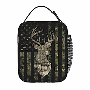 YETTA YANG Camouflage Hunting Tactical Deer Camo American Flag Portable Lunch Bag Insulated Lunch Box Reusable Totes For Women Men Work Picnic Camping