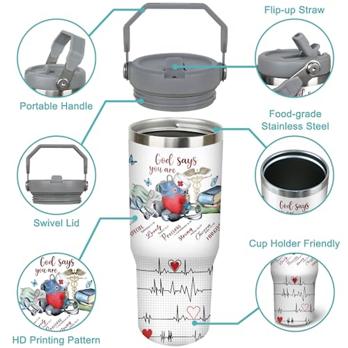soeufnwhf 30oz Nurse Tumbler Cup with Handle Nurse Travel Coffee Mug, Nurse Nutrition Facts Tumbler, Best Nursing School Gifts, Nursing Graduation Gifts, RN Gifts for Nurses Appreciation Gifts, White