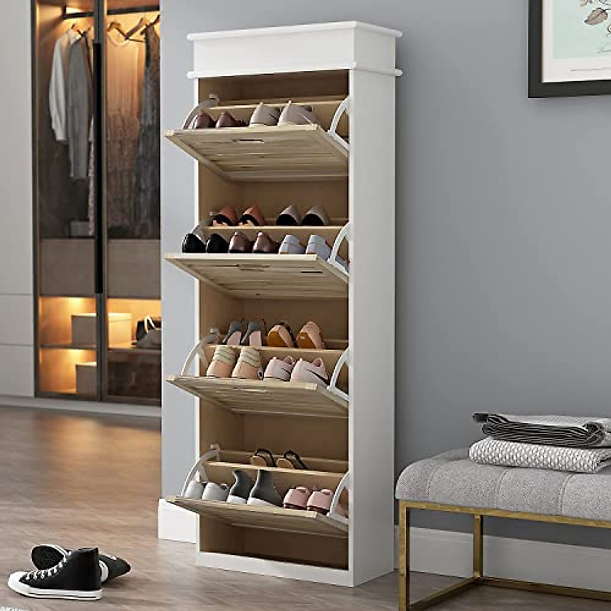 Homsee Modern Shoe Cabinet with 4 Flip Down Drawers, Wood Shoe Rack Storage Organizer for Entryway, Hallway, White and Natural (21.7”L x 9.8”W x 61”H)
