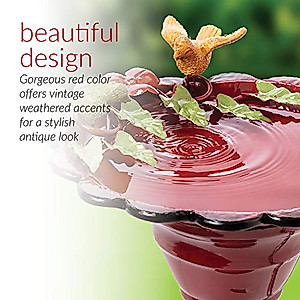 Alpine Corporation 28" Tall Outdoor Metal Birdbath with Birds and Leaves Yard Statue Decoration, Red
