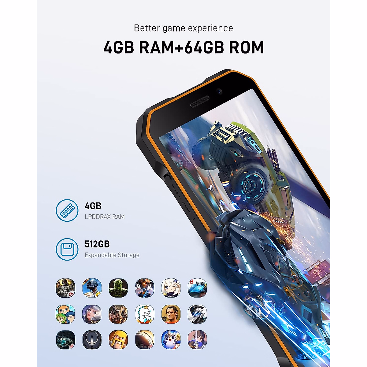 DOOGEE S51 Rugged Smartphone Unlocked Android 12, Helio G25 4GB+64GB 5180mAh Battery, Dual SIM 4G, 6.0" IPS HD, IP68 Waterproof IP69K Rugged Phone, NFC, AI Double Camera (12MP+2MP) 8MP Front Orange