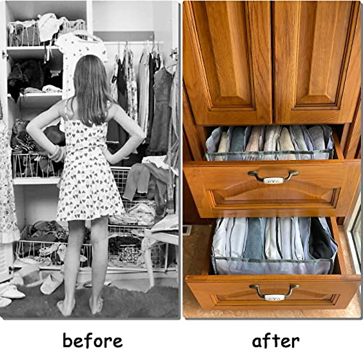 MACAJICHO Wardrobe Clothes Organizer, 2PCS Clothes Organizer for Folded Clothes Washable Mesh Nylon Baby Clothes Organizer, Drawer Organizer for Clothes, T-shirts, Socks, Jeans, Bra（Grey, 7 Grids)