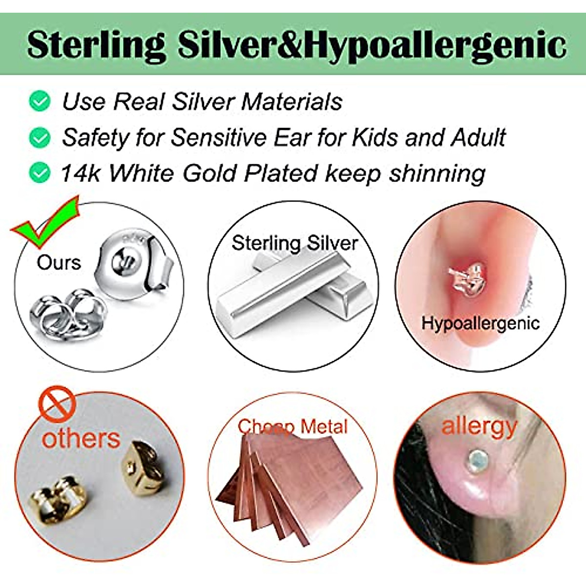 Catinee 16PCS 925 Sterling Silver Earring Backs,14k White Gold Plated Earring Backs for Studs,Hypoallergenic Secure Earring Backings for Locking Stud Earrings