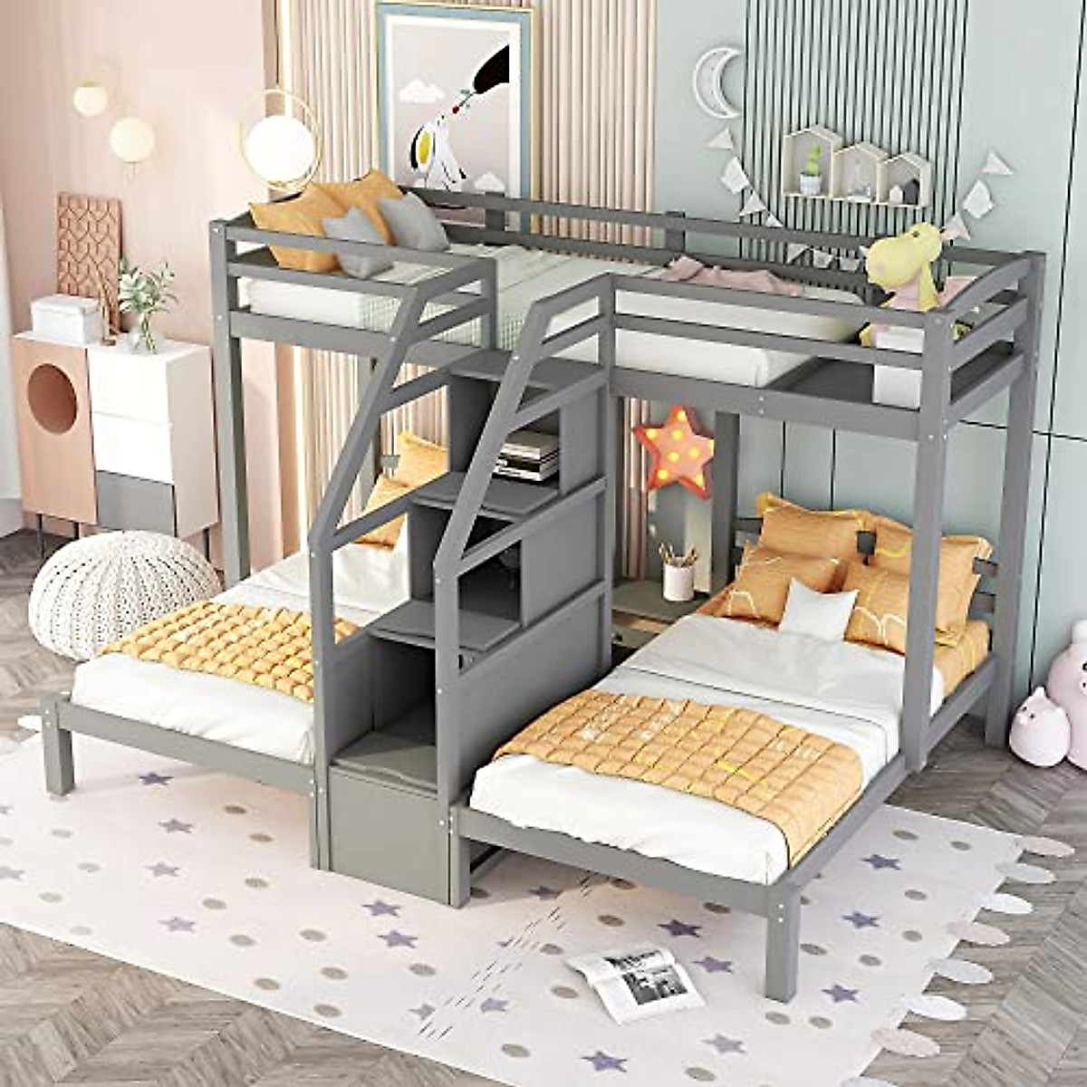 GAOWEI Triple Bunk Bed Twin Over Twin & Twin Bunk Bed with 3 Storage Staircase,Triple Bunk Bed for Kids,Triple Bunk Bed with Storage Stairs,Bedroom Furniture Pinewood Bed Frame (Staircase+Gray)