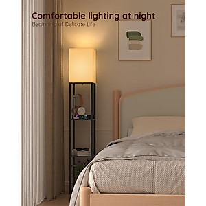 PAZZO Floor Lamp with Shelves, Shelf Floor Lamps by Real Solid Wood with 2 Charging Ports and 1 Power Outlet, Floor Lamps for Bedrooms, Lamps for Living Room, Matt Black