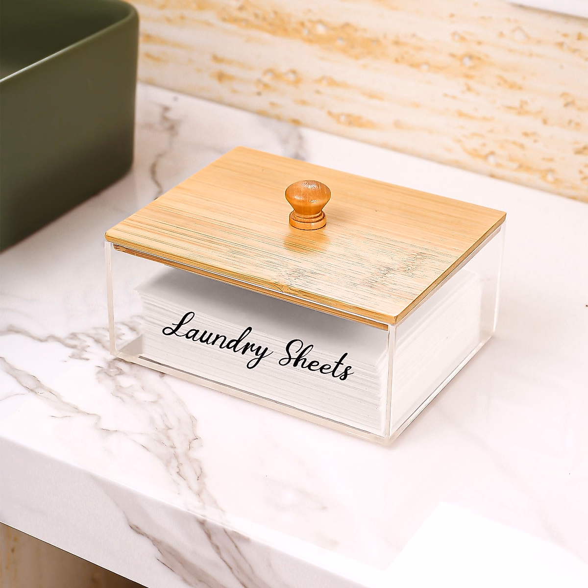 VOTLEVT Laundry Detergent Sheets Holder with Bamboo Lid, Acrylic Laundry Sheets Holder Container, Laundry Room Organization and Storage