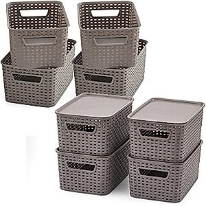 EZOWare Set of 8 Small Gray Plastic Woven Knit Baskets, Storage Organizer Bins Boxes For Office, Classroom, Desktop, Drawer and More