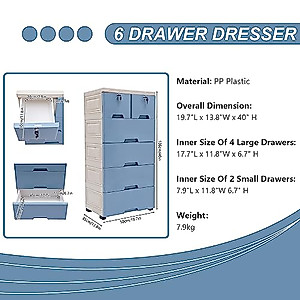 Futchoy Plastic Drawers Dresser,Chest of Drawers with Storage, Storage Cabinet with 6 Drawers,Closet Drawers Tall Dresser Organizer for Clothing,Nursery,Bedroom (Blue)