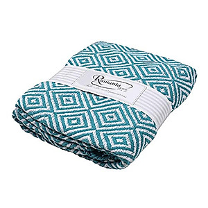 Throw Blanket With Fringes In Diamond Design 50x60 Inch - Teal White Cotton Throw For Sofa, Chair, Bed, & Everyday Use, Well crafted for durability, Farmhouse Throw,All Season Throw Blanket