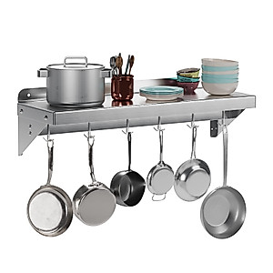 RIEDHOFF Metal Multifunctional Storage Rack with Backplash for Kitchen, [NSF Certified] 12" x 36" Stainless Steel Wall Mount Shelf with 6 Hooks for Hanging Pots, Pans,cookware in Home and Restaurant