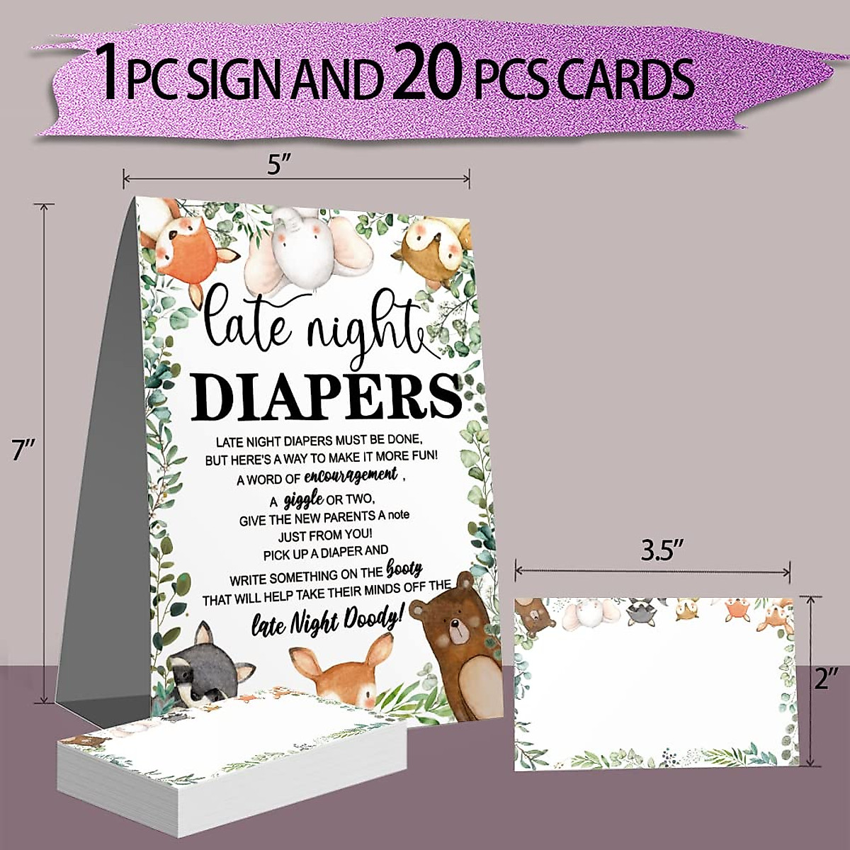 Late Night Diapers Sign & cards(1 Standing Sign + 20 Blank Greeting Cards), Jungle Baby Shower Decorations Sign Kit, Baby Shower Diaper Game Write Funny Inspirational Message