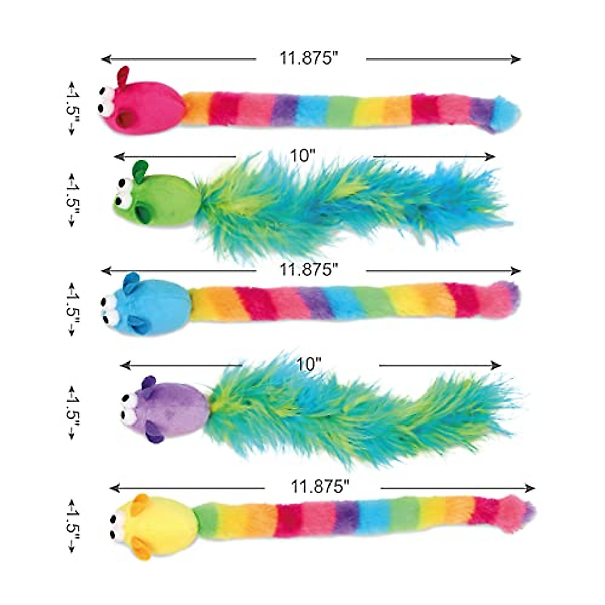 Jumpaws 5 Pack Interactive Catnip and Feather Cat Toys, Multi-Colored Mice with Long Feather Tail, Accessories for Indoor Cat, Catnip Plush Toys with Natural Feathers and Rattles