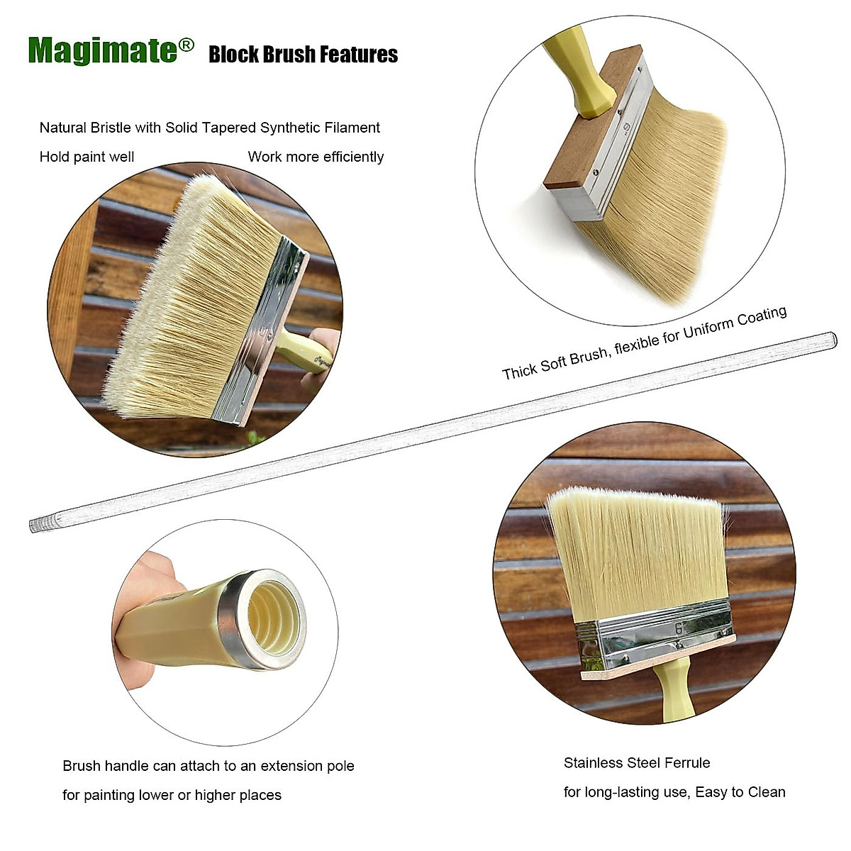 6 Inch Extra-Wide Paint Brush Large Block Stain Brushes Heavy-Duty Household Bristle Paint Brush for Walls, Dusting, Masonry, Wood Deck and Fence Stain Applicator by Magimate