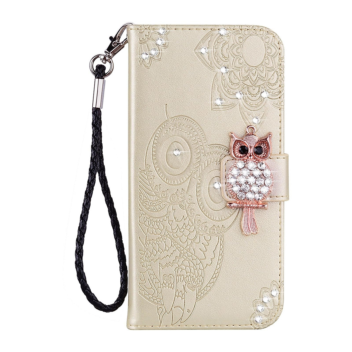 Ephoou Compatible with Apple iPhone 15 Flip Glitter Wallet Case for Women, Pu Leather with Card Slots Crystal Diamond Owl Embossing Shockproof Cover Case for iPhone 15 MTY-Gold