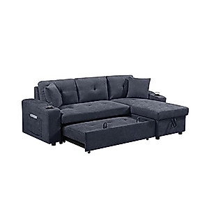 BIADNBZ Reversible Sleeper Sofa Bed 2 in 1 Pull Out Couch with Storage Chaise 2 Cup Holders Two Side Pockets and Pillows for Living Room, Dark Grey